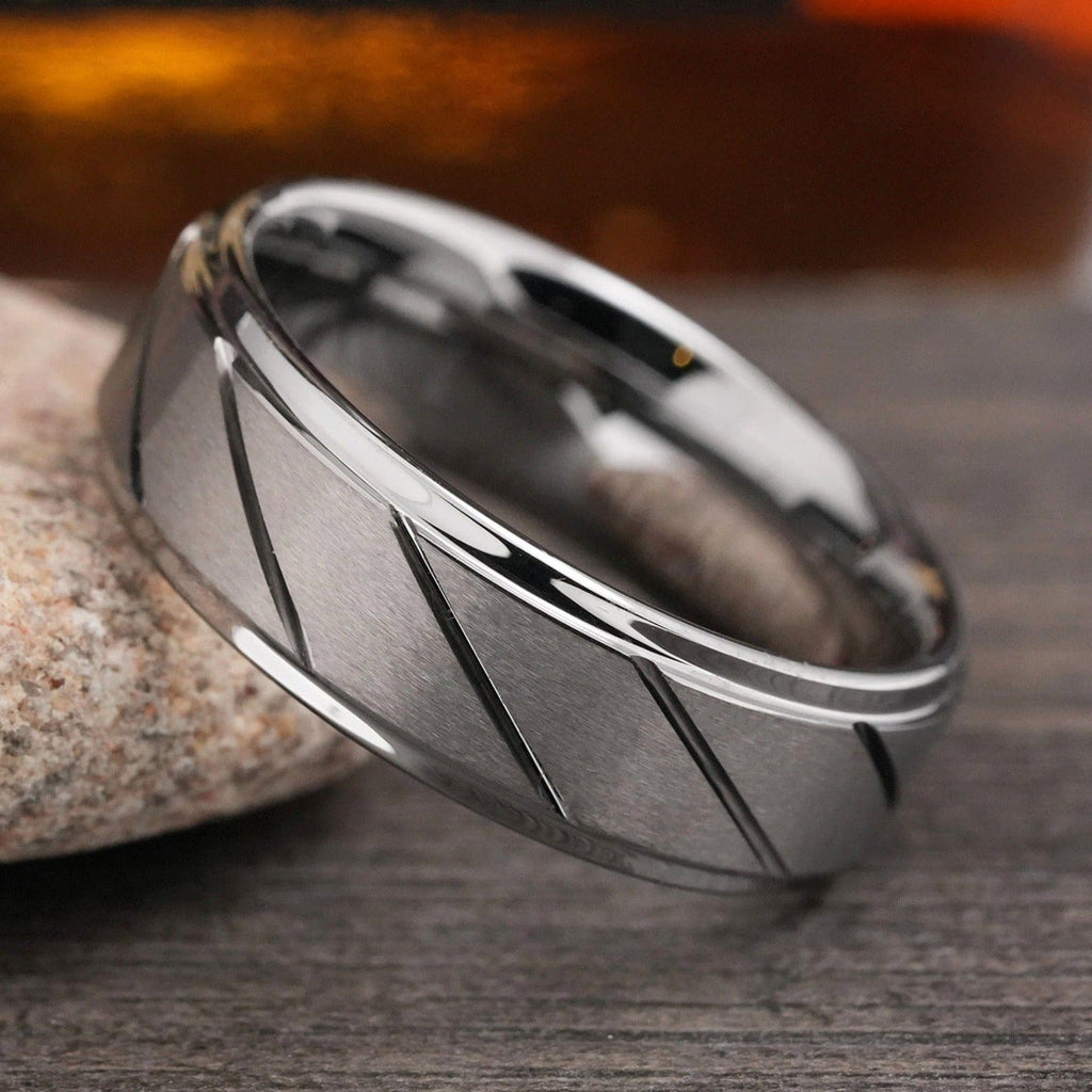 The Speeder | Tungsten Mens Wedding Band with Diagonal Grooves – TN Rings
